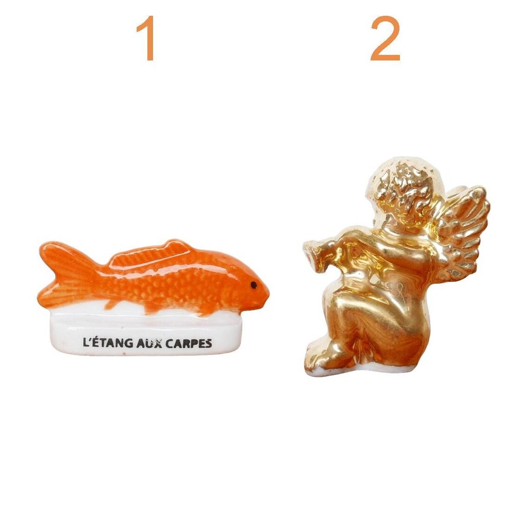 Miniature Figurine French Feve, Cassel Carp Fish, Golden Cherub Putti ...