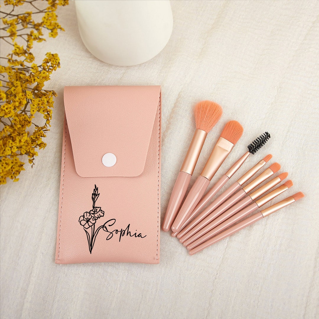 Personalized Birth Flower Makeup Brush Bag With 8 Pcs Makeup Brushes ...