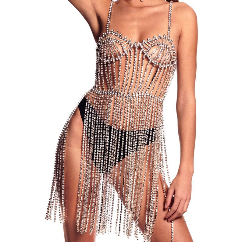Tassel Rhinestone Bra Chain Harness For Women Crystal Chest Chain
