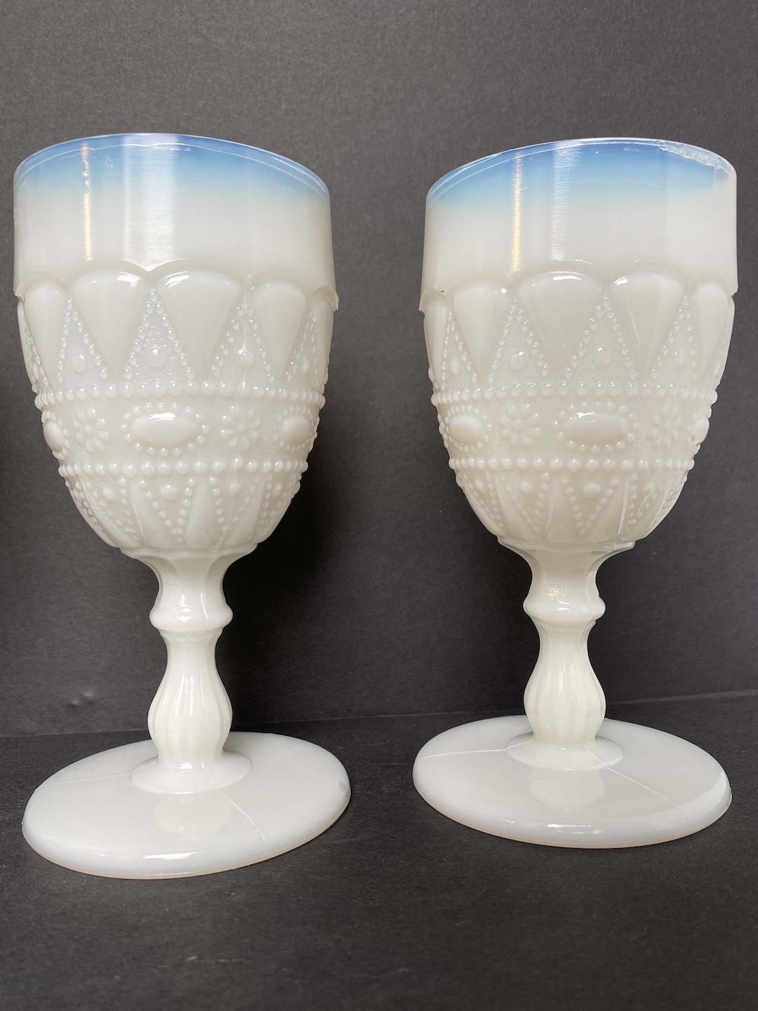 Kemple Opalescent Milk Glass 3 Goblets Lace and Dewdrop Glasses Water ...