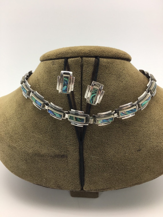 Mexican Indian Abalone shell inlay silver collar with… - Gem