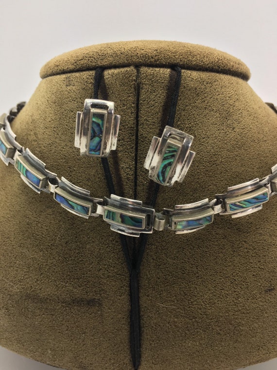 Mexican Indian Abalone shell inlay silver collar with… - Gem