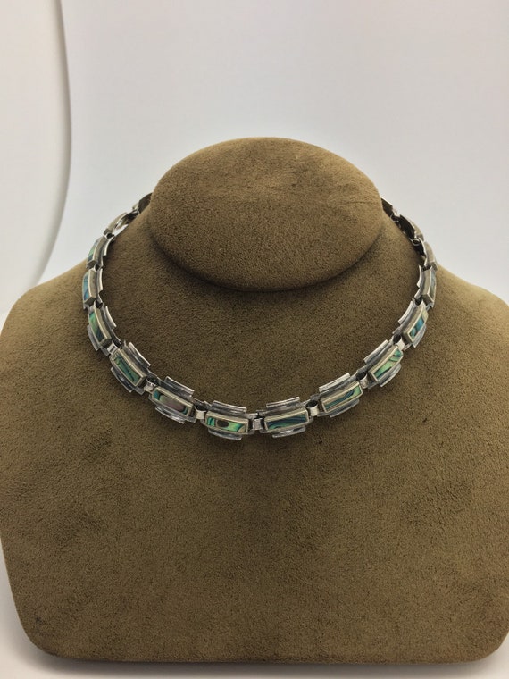 Mexican Indian Abalone shell inlay silver collar with… - Gem