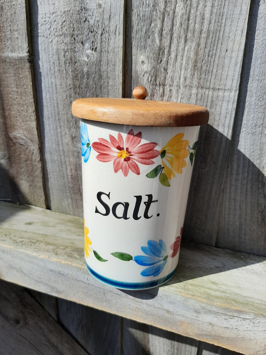 Vintage Raymond Pottery Floral 70's Ceramic Salt Canister With Wooden ...