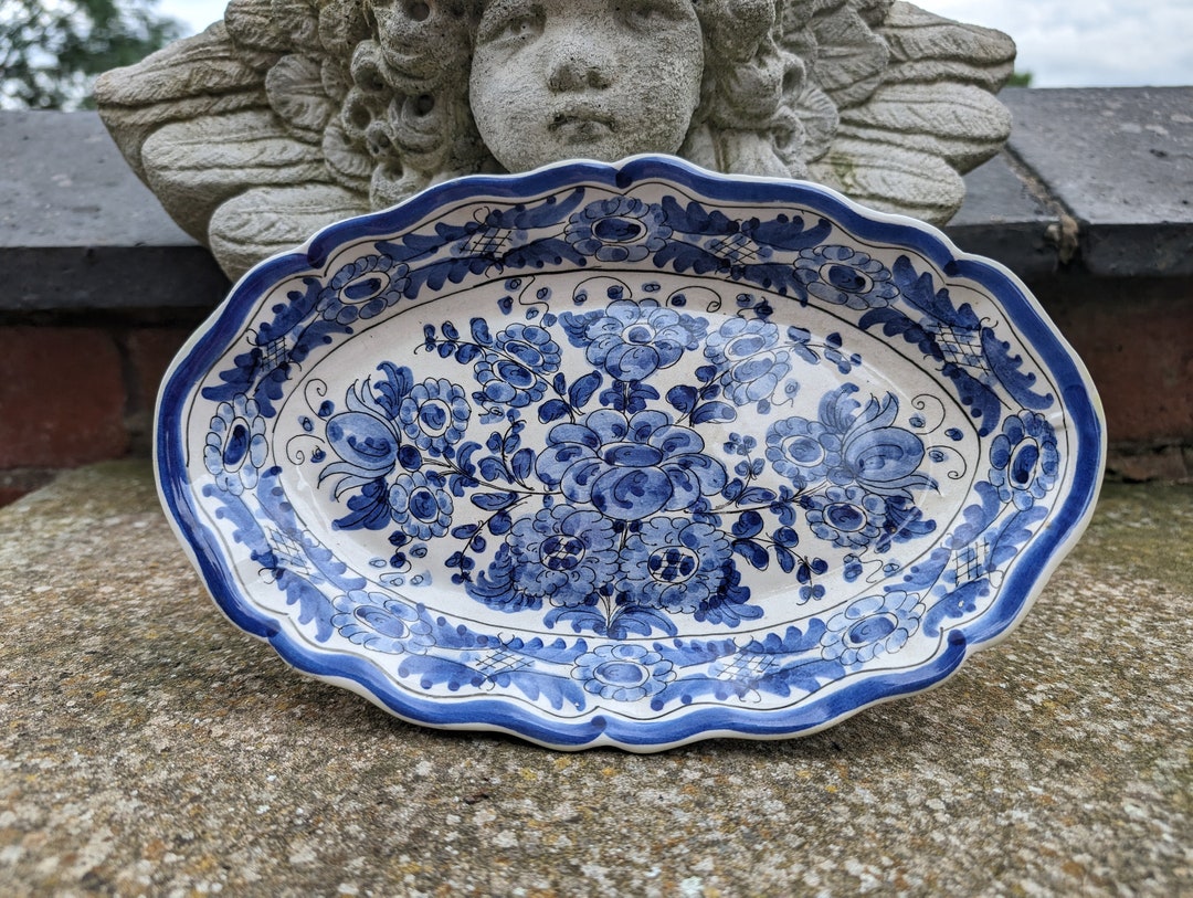 Vintage Greek Blue and White Floral Small Oval Platter - Etsy