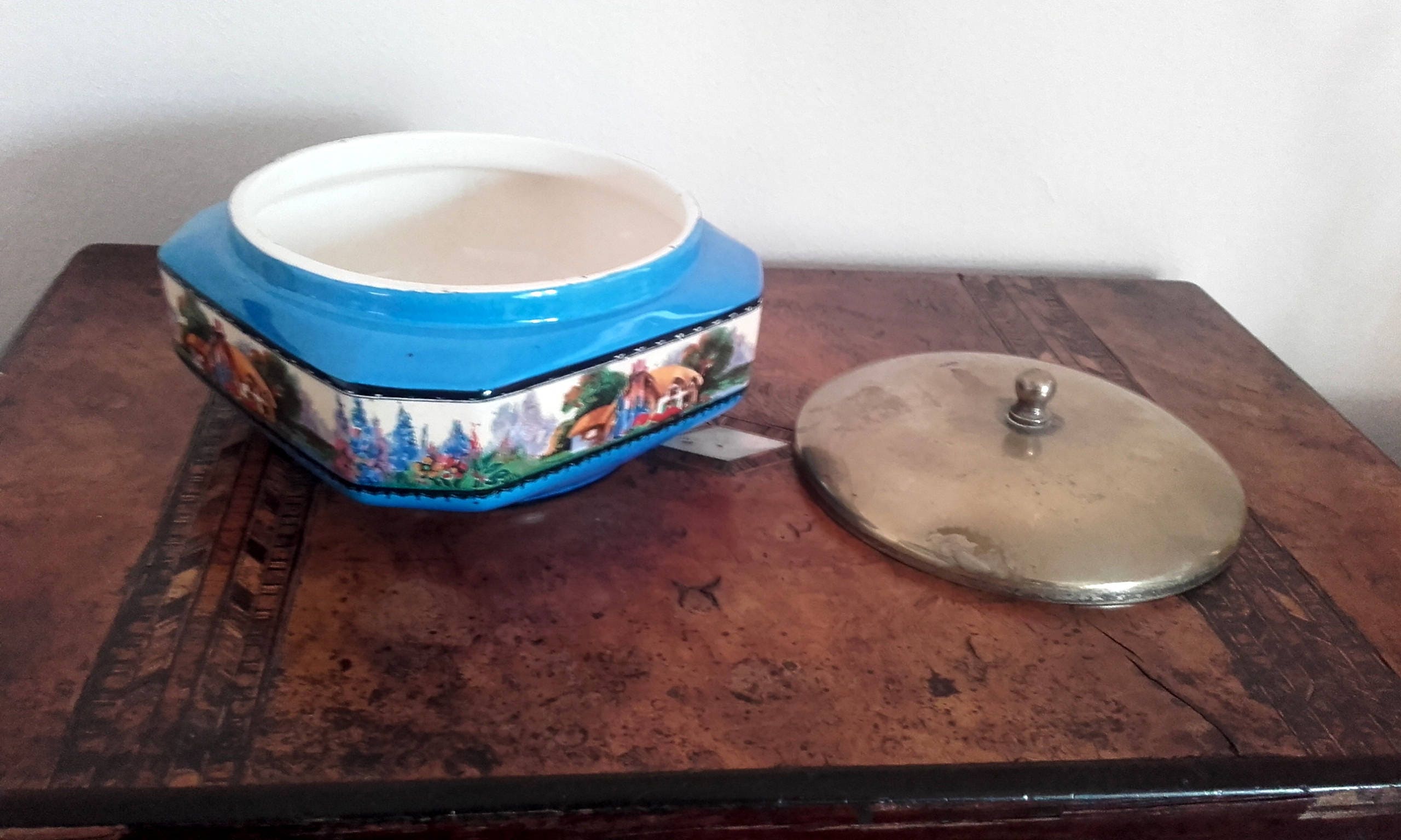 Vintage 1920's Flosmaron English Blue Cottage Scene Bowl With EPNS Lid ...