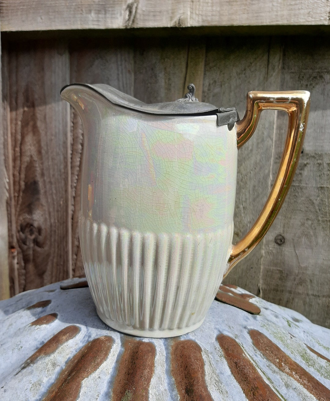 Antique White Lustre Ceramic Syrup Jug With Pewter Lid - Etsy