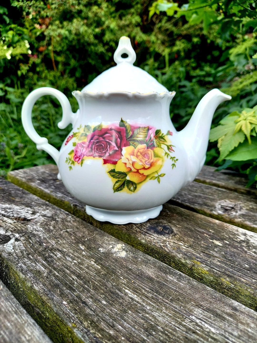 Vintage Cottage Chic Red Yellow Pink Rose Teapot - Etsy