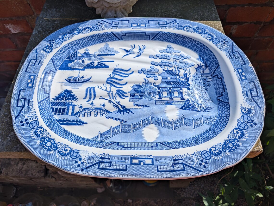 Antique Rustic Victorian Blue and White Willow Extra Large Meat Platter ...