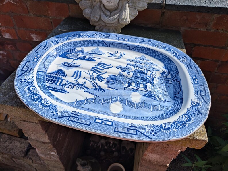 Antique Rustic Victorian Blue and White Willow Extra Large Meat Platter ...