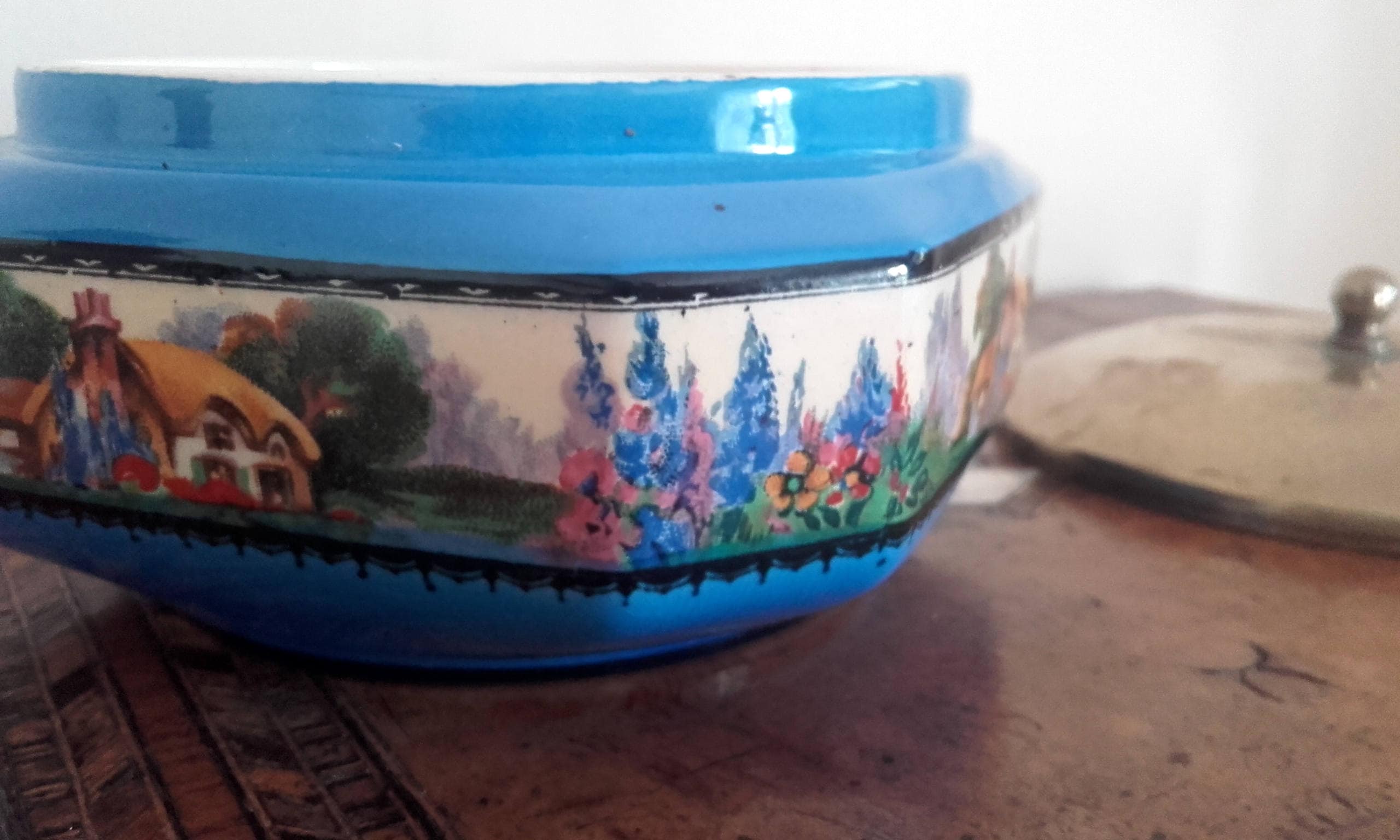 Vintage 1920's Flosmaron English Blue Cottage Scene Bowl With EPNS Lid ...