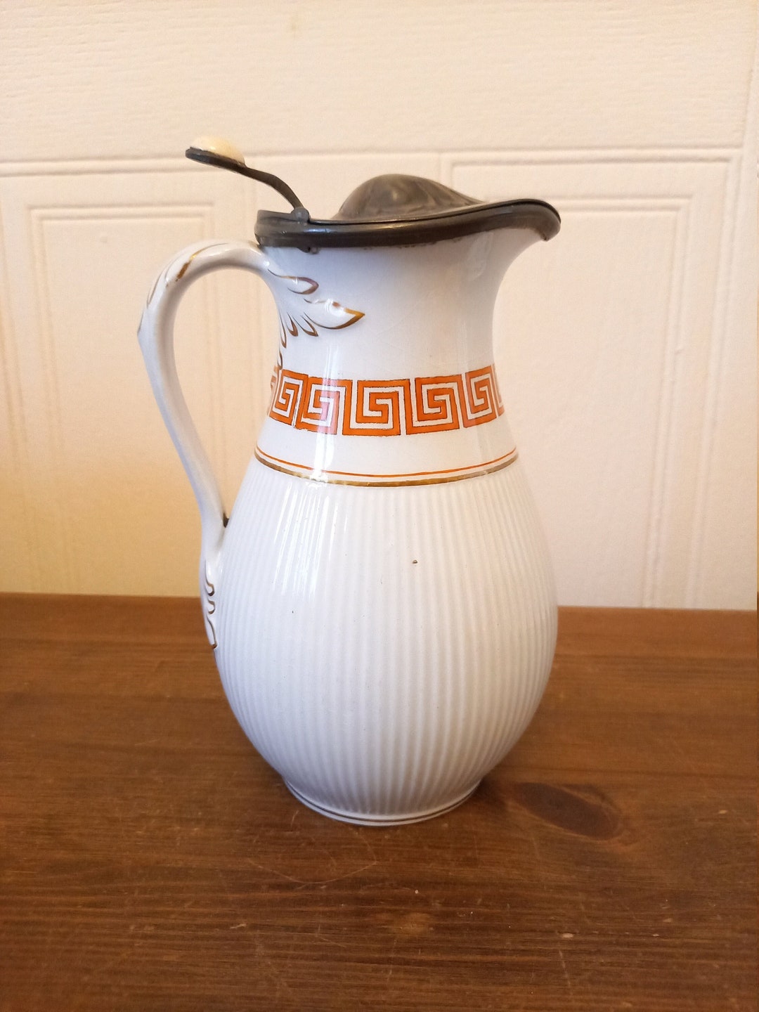 Antique Aesthetic Ceramic Syrup Jug Pewter Lid With Greek Key Meander ...