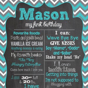 First Birthday Chalkboard Printable Poster Chevron Theme / - Etsy
