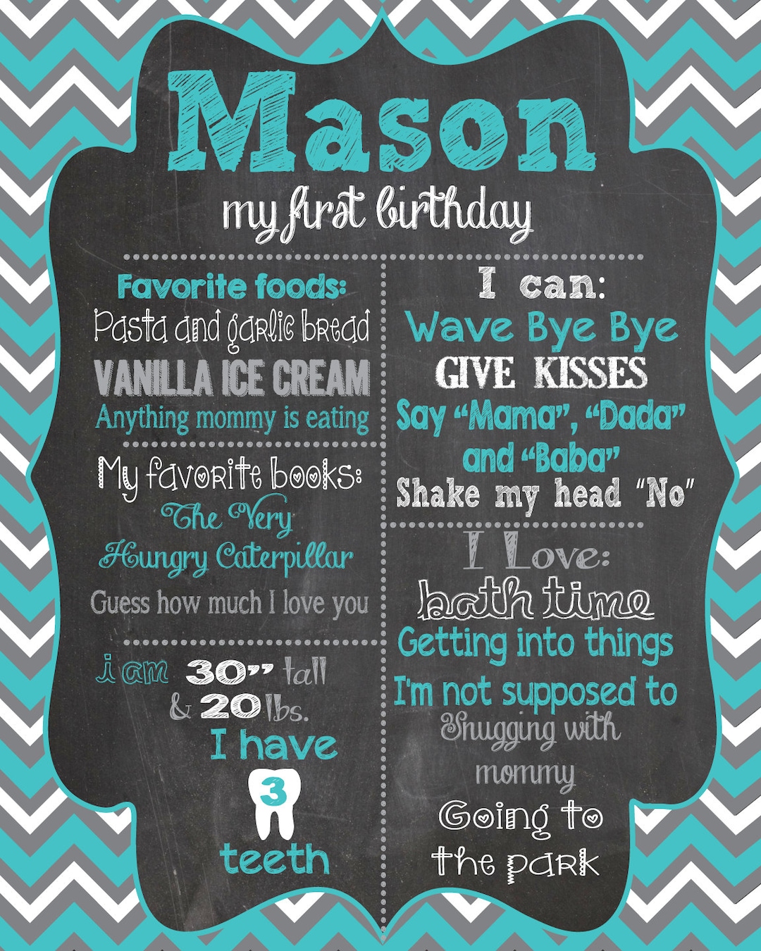 First Birthday Chalkboard Printable Poster Chevron Theme / - Etsy