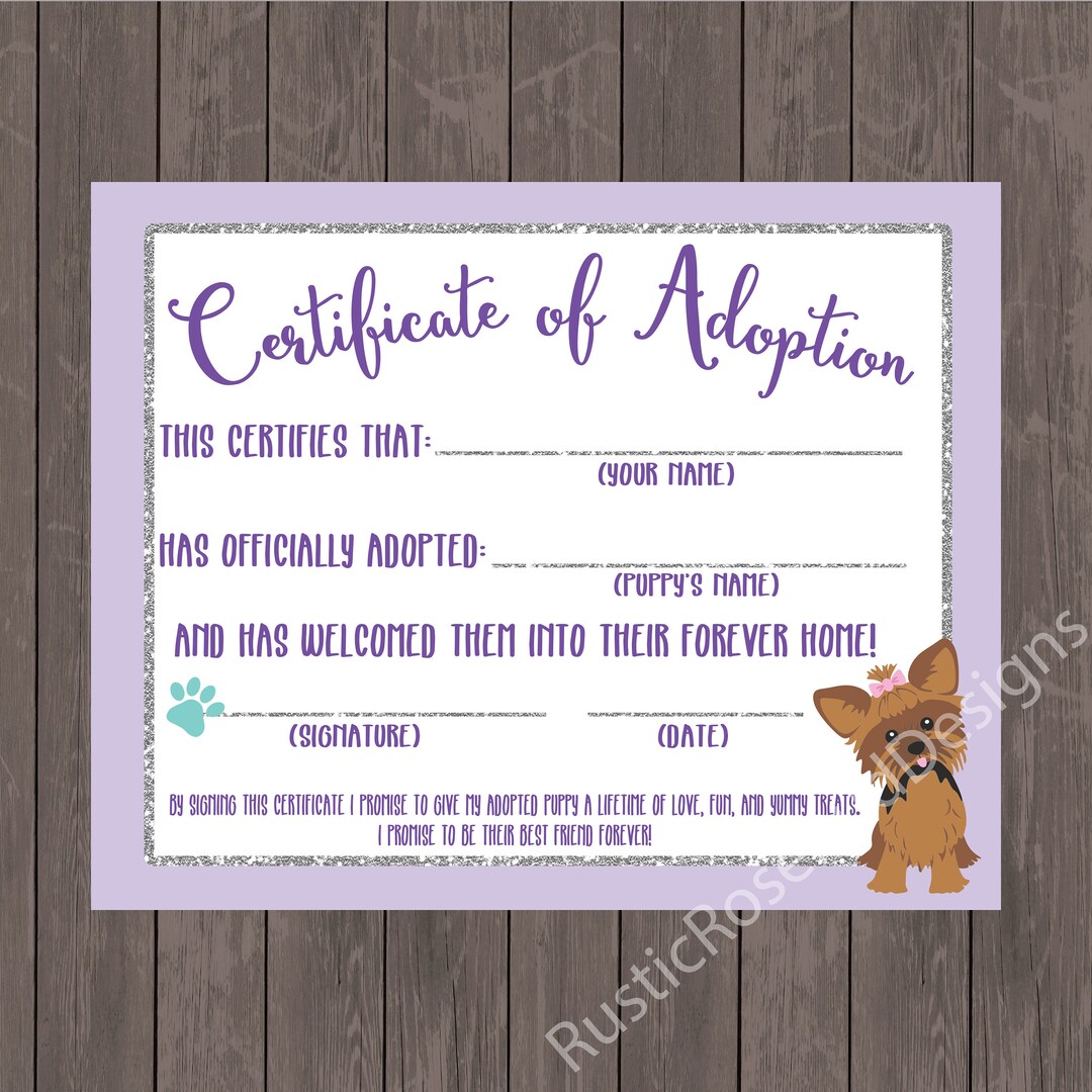 Adopt A Pet Printable Certificate, Dog Paw-ty Birthday Party, Puppy ...