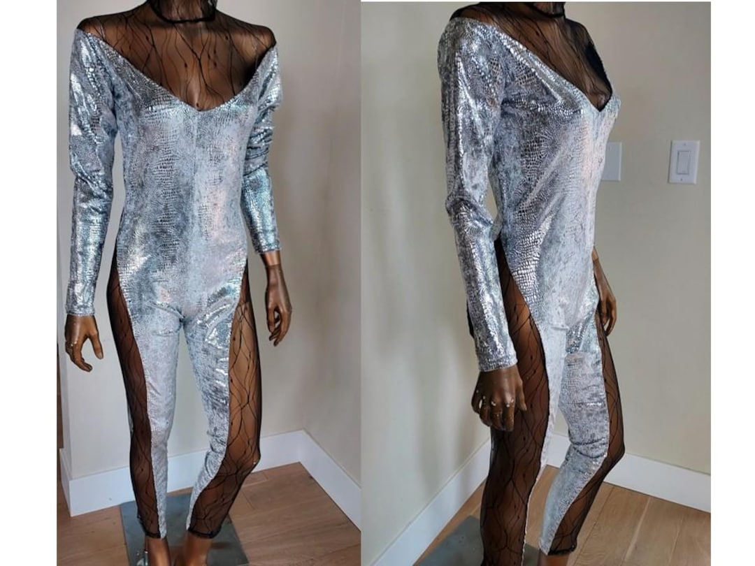 Extreme Dramatic Silver Reptile Catsuit With Black Mesh Insets SM - Etsy