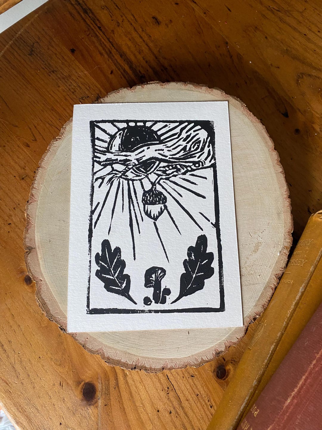 Hand Carved Linocut Print - Acorn on an Oak Branch | Mushroom Art ...