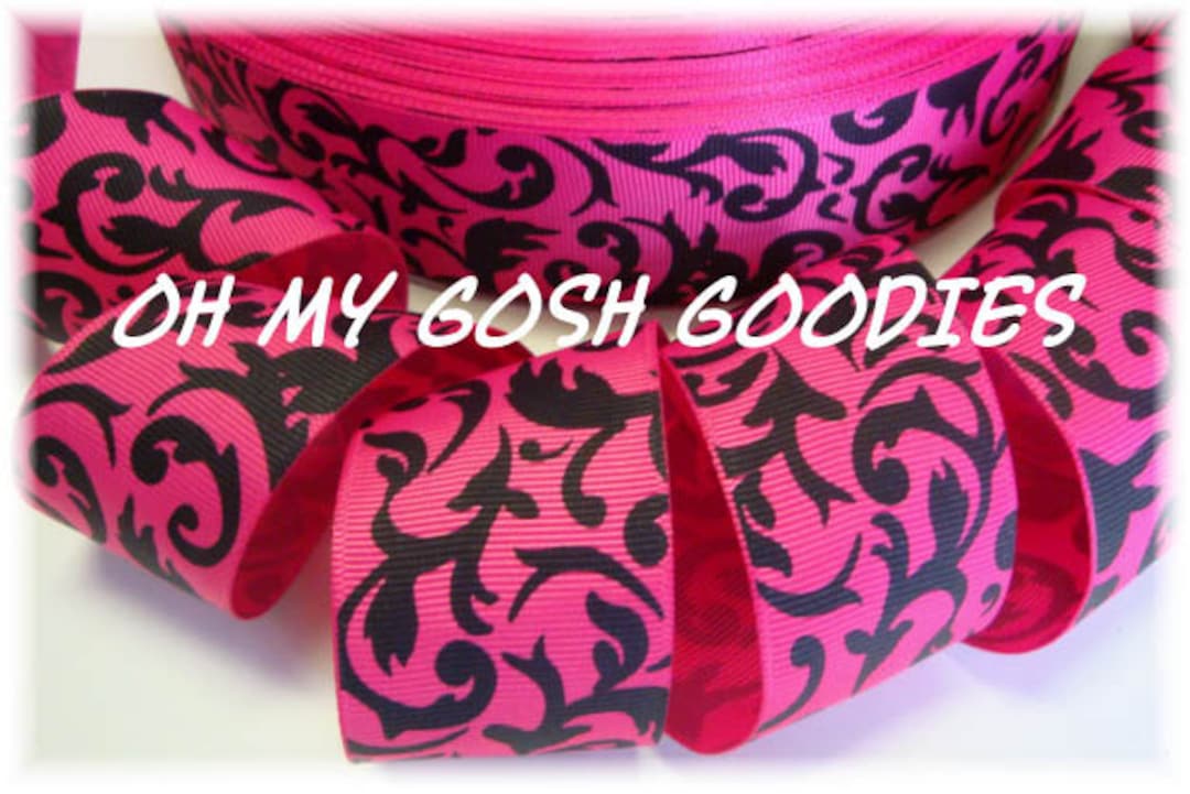 5 Yard or 25 Yard Roll Sale - SHOCKING PINK BLACK Damask Grosgrain ...