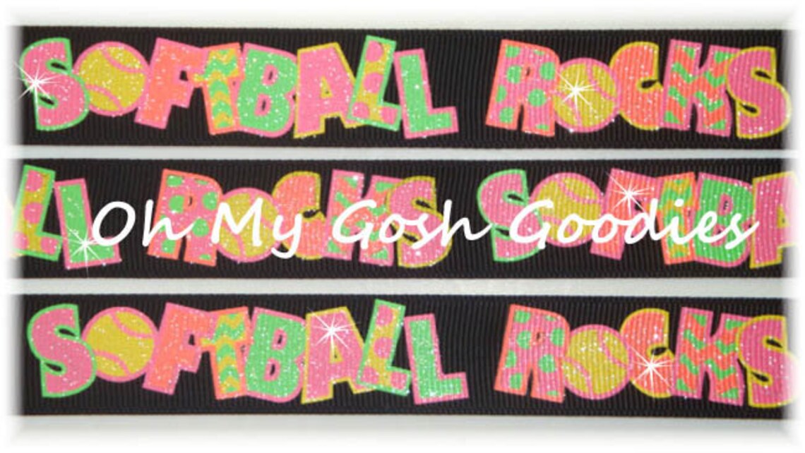 Glitter NEON SOFTBALL ROCKS Black Grosgrain Ribbon - 7/8", 1.5" - 5 ...