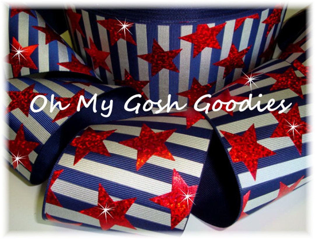 Red HOLOGRAM * STAR * Bling NAVY Stripe Grosgrain Ribbon - 3" - 5 Yards ...
