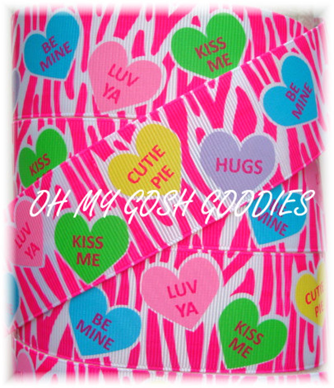 5 Yards, 25 Yards - CONVERSATION CANDY Hearts Pink Zebra Grosgrain ...
