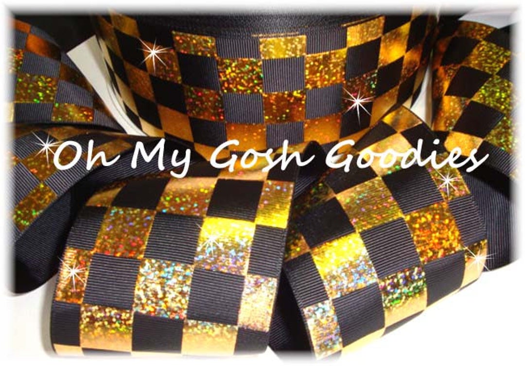 Last 1 CHECKER HOLOGRAM BLACK Gold Grosgrain Tic Toc Cheer Ribbon 3 5 3 ...