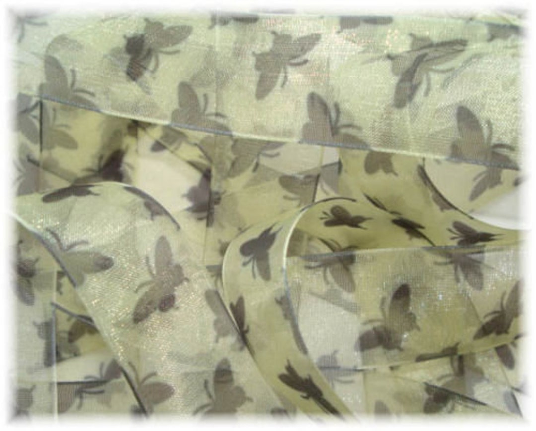 80 YARD ROLL - NEW 7/8 Lemon / Black Butterflies Sheer Novelty Venus ...
