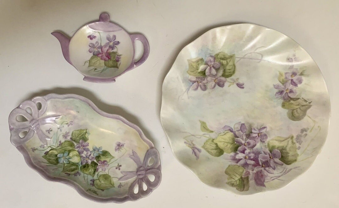 3PC Vintage CUSTOM HAND PAINTED Violet Plate Teapot Trinket Tray Shabby ...