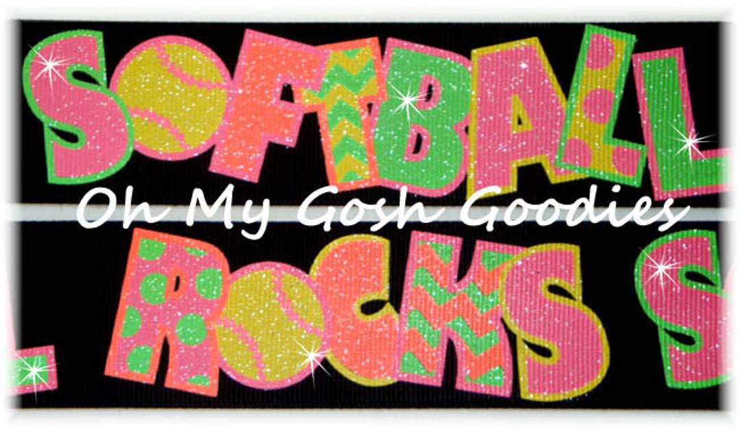 Glitter NEON SOFTBALL ROCKS Black Grosgrain Ribbon - 7/8", 1.5" - 5 ...