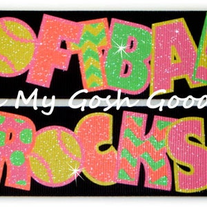 Glitter NEON SOFTBALL ROCKS Black Grosgrain Ribbon - 7/8", 1.5" - 5 ...