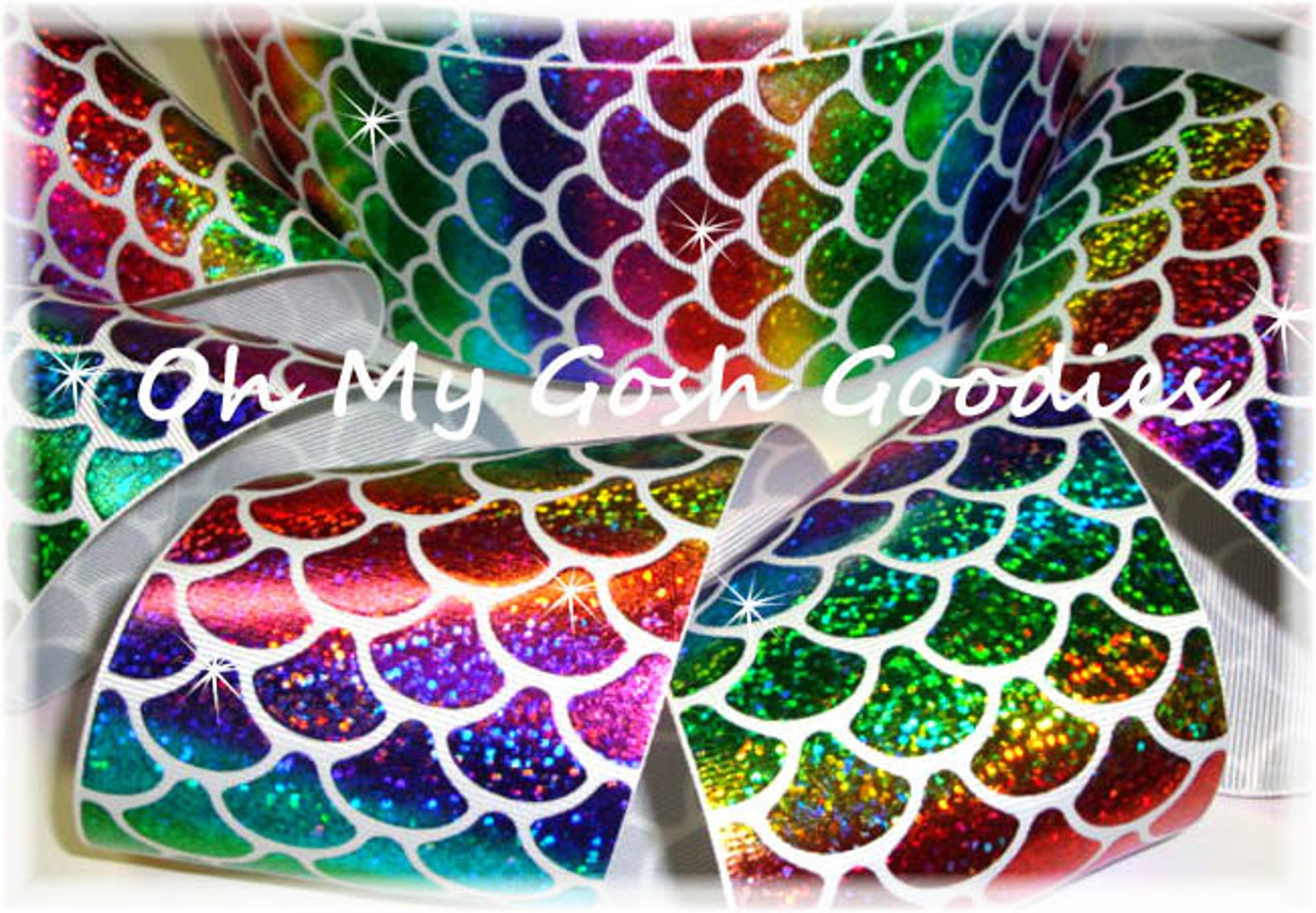 SPARKLE Primary MERMAID SHELLS Hologram Grosgrain Cheer Ribbon - 2 1/4 ...