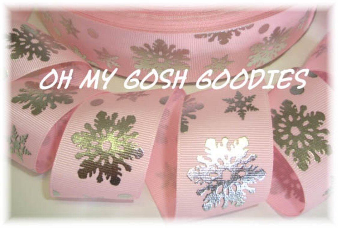 Christmas SILVER BLING SNOWFLAKES Pink Grosgrain Ribbon - 7/8" - 3" - 5 ...