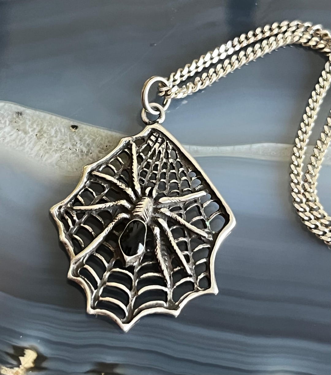 Vintage Sterling Silver Black Onyx Spider & Spider Web Spiderweb ...