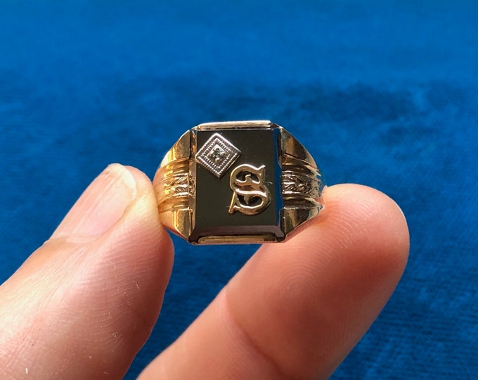 Vintage Art Deco 10K Gold Black Alaskan Diamond Initial S Signet Ring ...