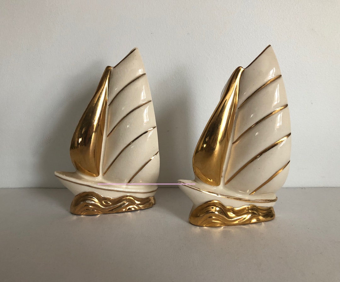 Vintage Pair of Holley Ross Pottery Ceramic Ship Sailboat Sail Boat ...