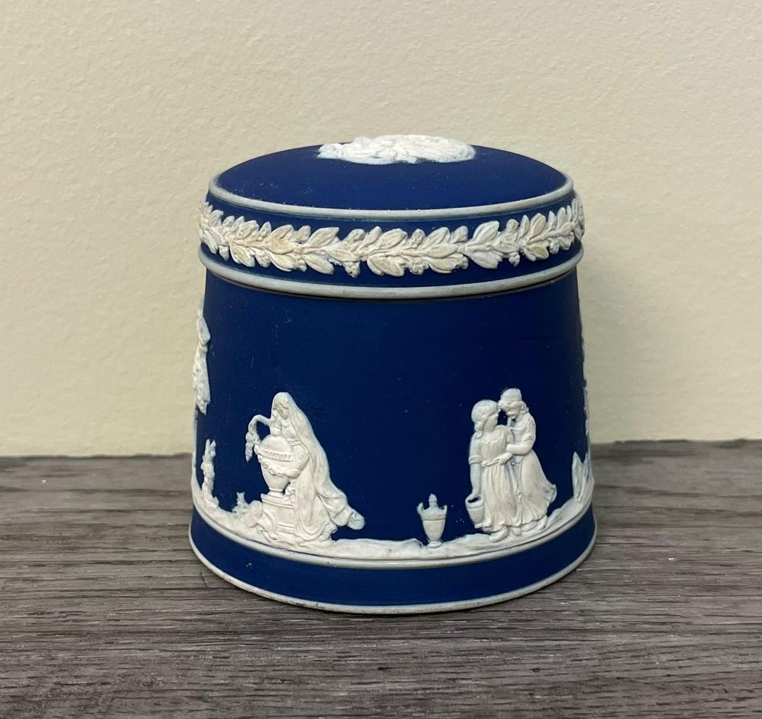 Antique Dark Blue Adams Jasperware Lidded Dresser Stash Powder Jewelry ...