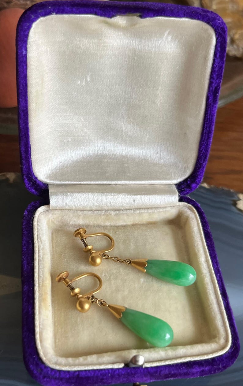 Antique 14K Gold Screw Back Apple Green Jade Jadeite Drop Dangle ...