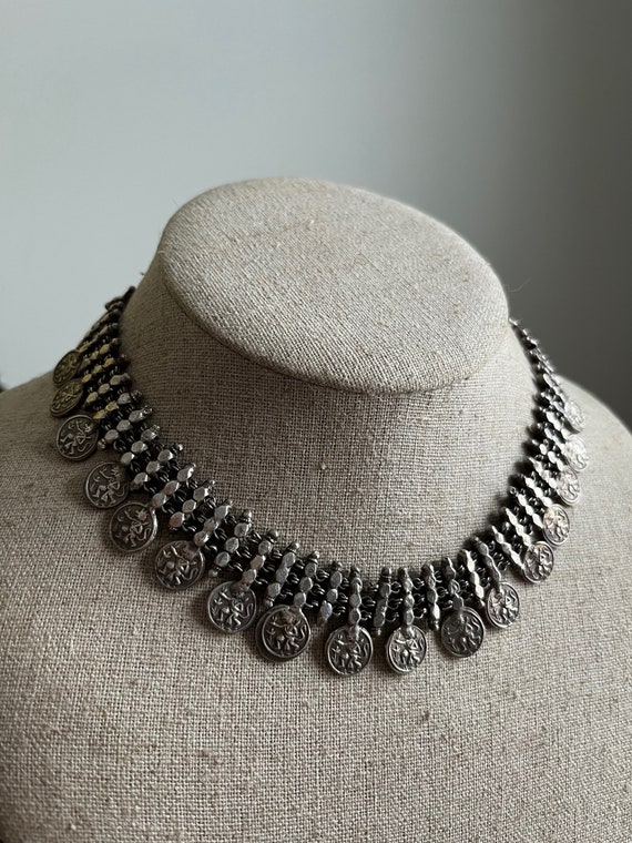 Antique Indian Silver Coin Amulet Collar Necklace - Gem