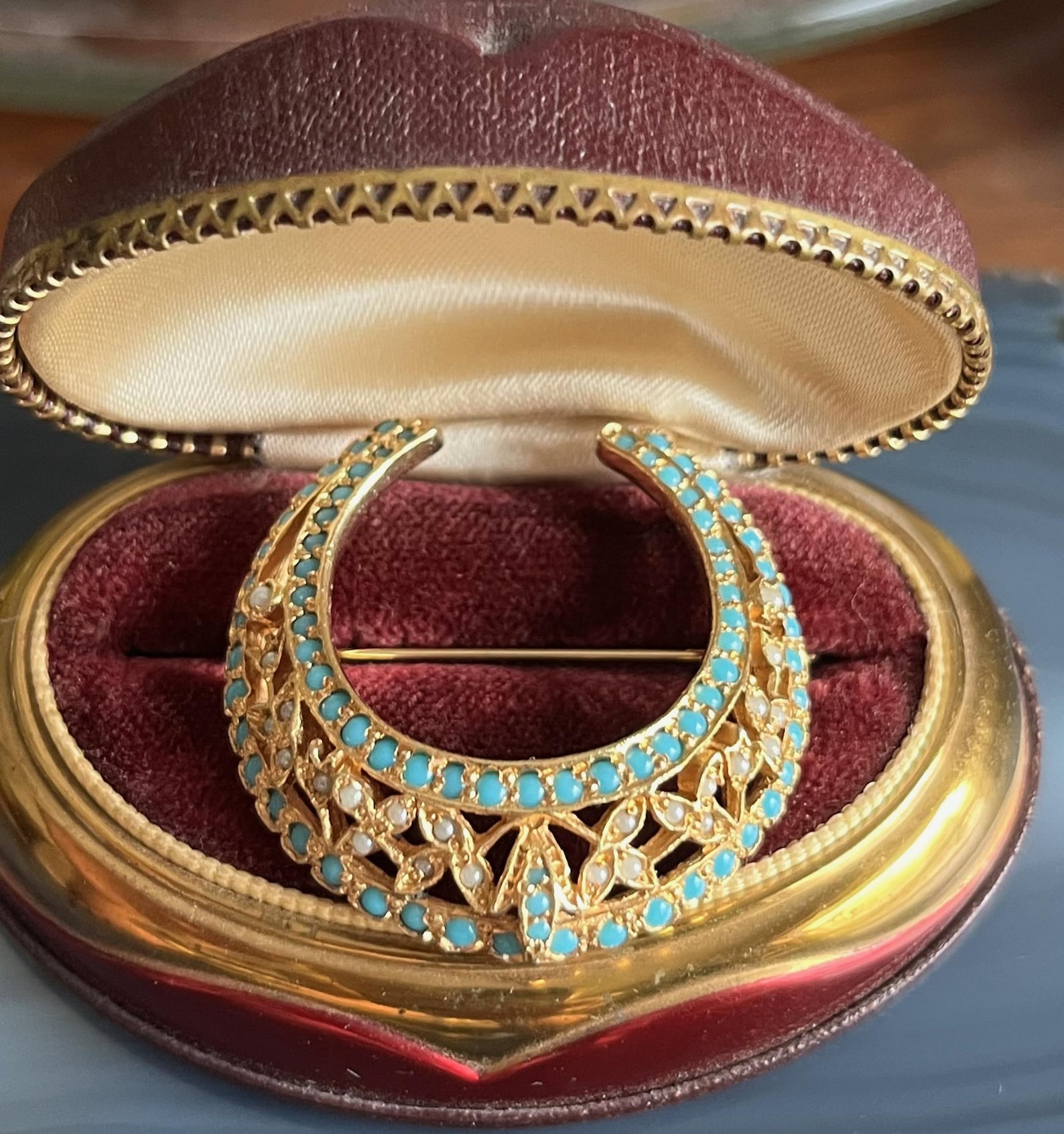 Vintage Victorian Revival Simulated Turquoise Seed Pearl Crescent Moon ...