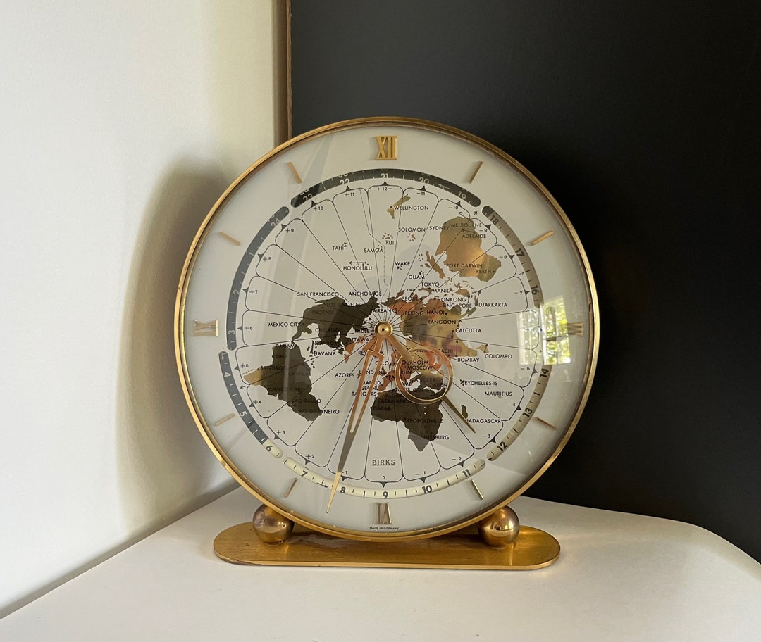 MCM Vintage Birks Brass World Time German Mantel Table Clock Weninger ...