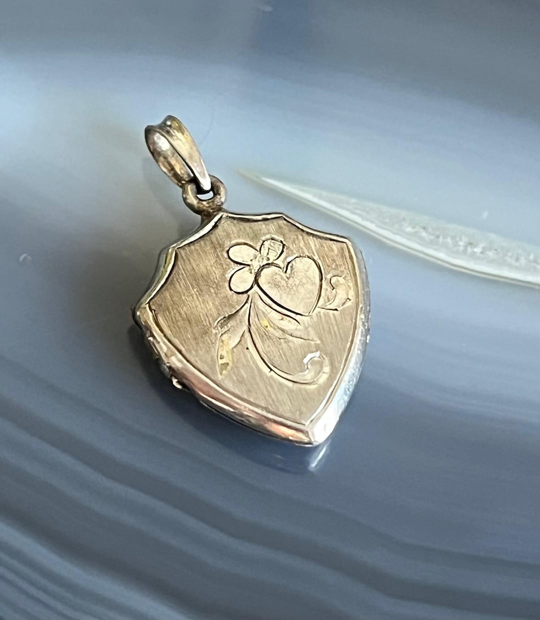 Vintage Sterling Silver Shield Shaped Heart and Flower Engraved Photo ...
