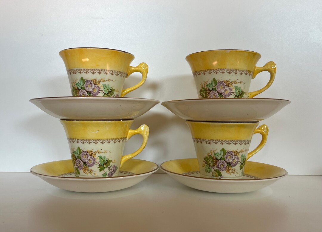 Set of 4 Vintage James Kent Yellow and Purple Floral Cups and Saucers ...