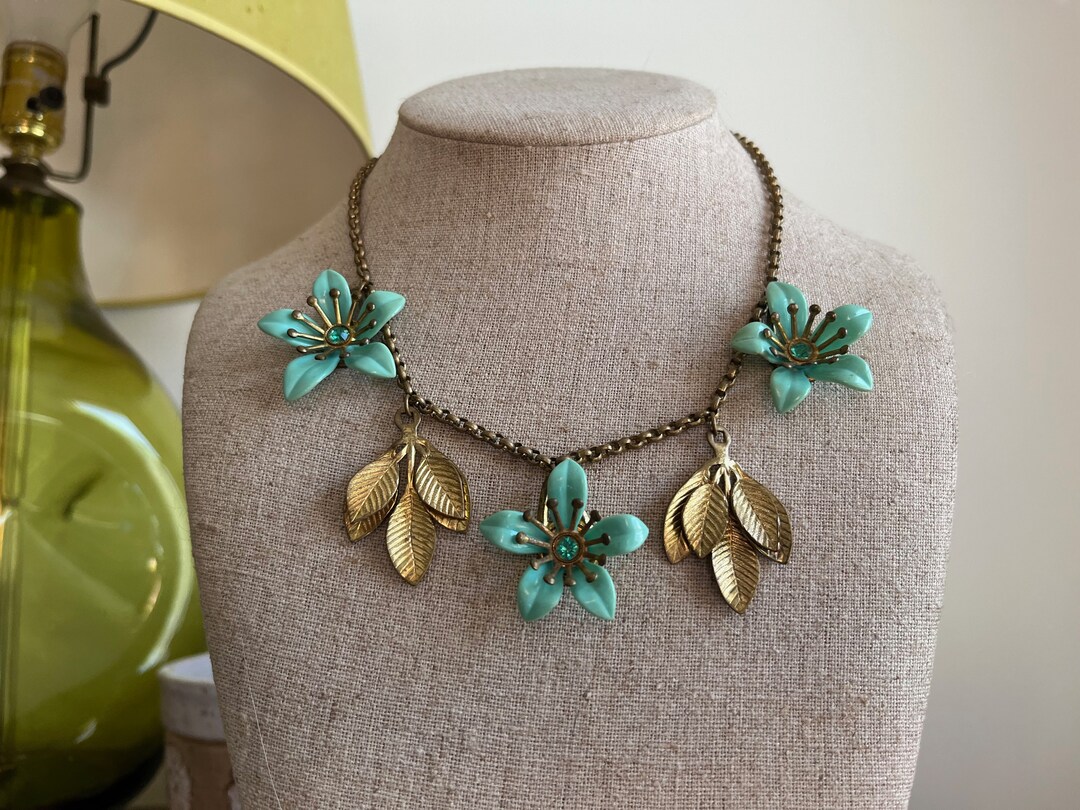 Vintage 1930s Miriam Haskell Style Brass Chain Turquoise Celluloid ...