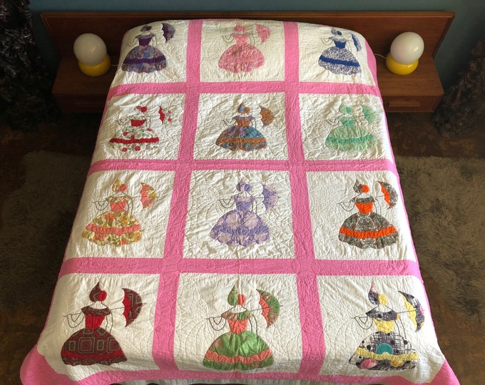 Vintage 1960s Colonial Lady Sunbonnet Sue Southern Belle Handmade Quilt ...