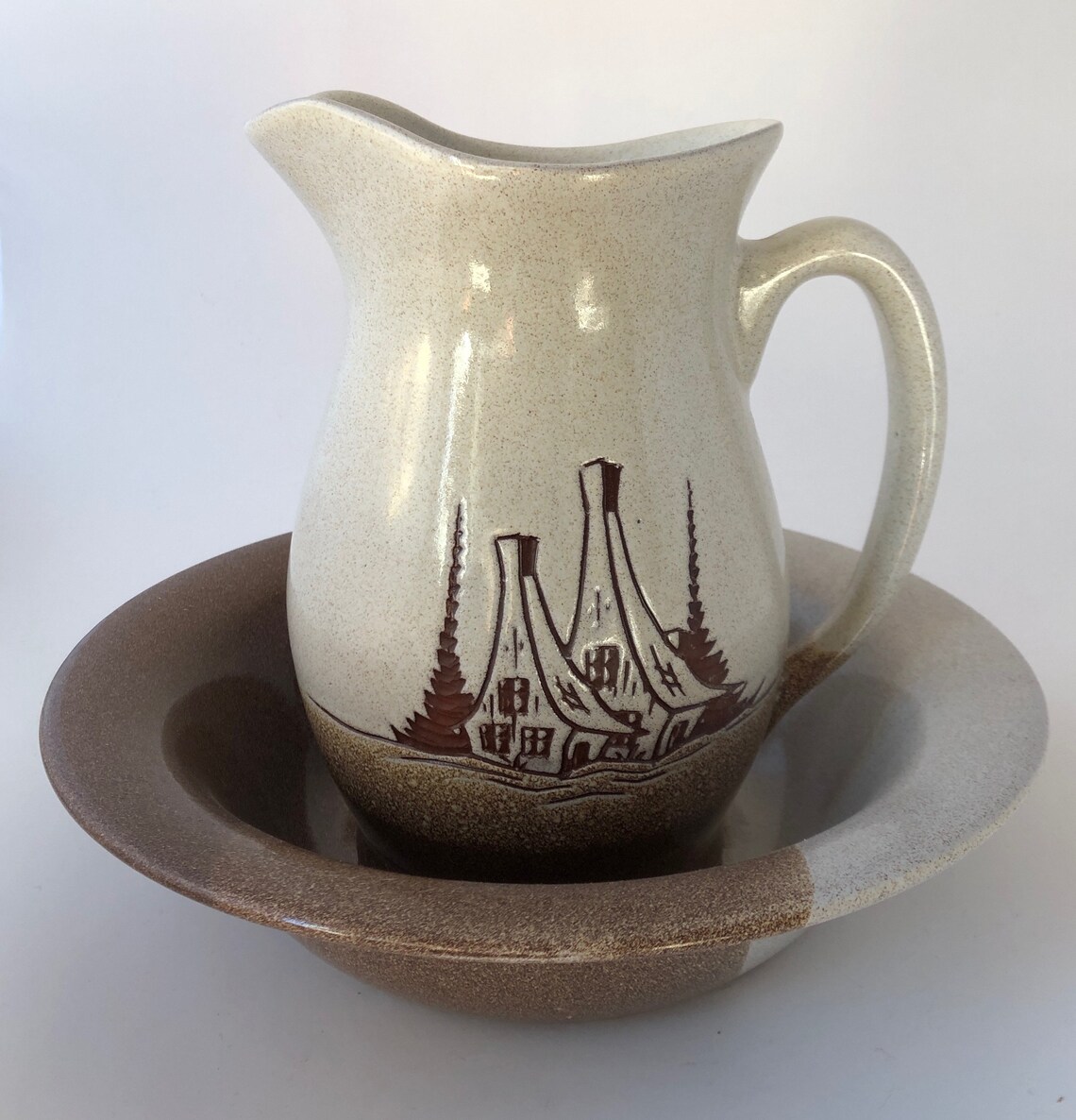Vintage Quebec Studio Ceramic Pottery Basin and Pitcher Jug Depicting ...