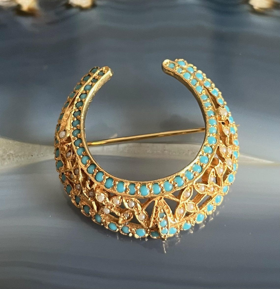 Vintage Victorian Revival Simulated Turquoise Seed Pearl Crescent Moon ...
