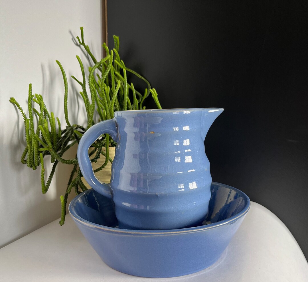 Vintage Medalta Potteries Blue Ribbed 1 & 1/2 Pint Pitcher and Bowl ...