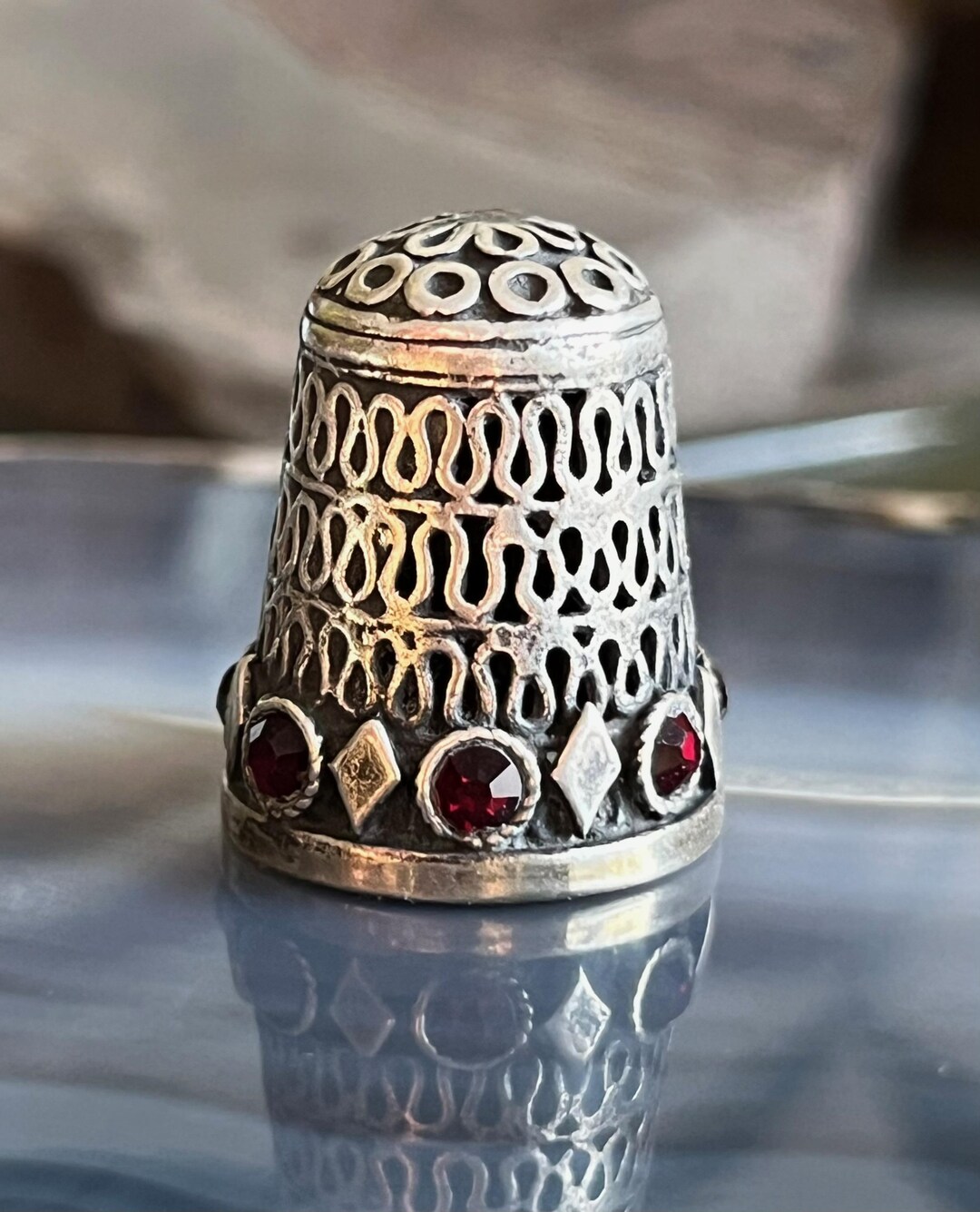 Vintage Sterling Silver Thimble With Garnet Coloured Stones - Etsy