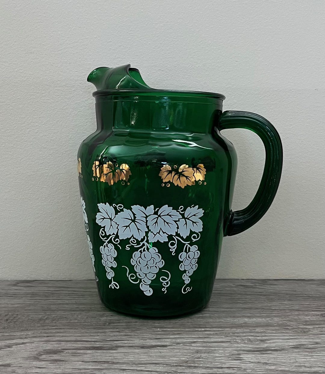 Vintage Anchor Hocking Forest Green Pitcher With Ice Lip White & Gold ...