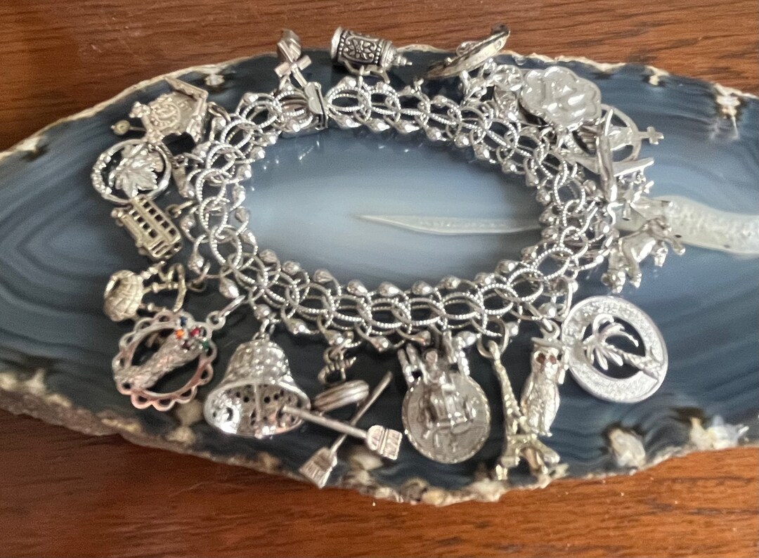 Vintage Loaded Sterling Silver Travel Themed Charm Bracelet With 22 ...